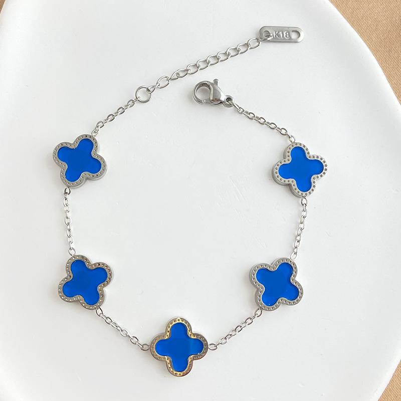 4 Leaf Clover Bracelet - Silver - Blue